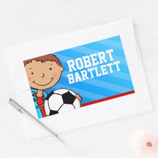 Boys football soccer name blue id label sticker | Zazzle