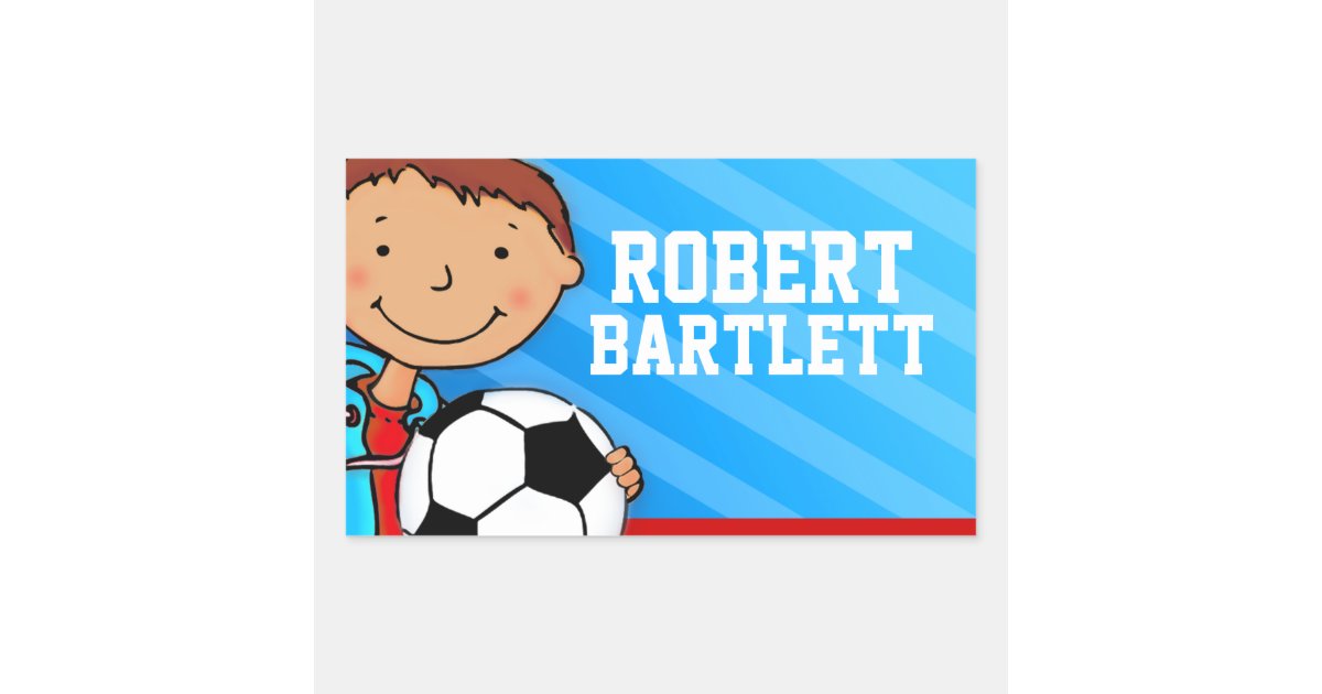 Boys football soccer name blue id label sticker | Zazzle