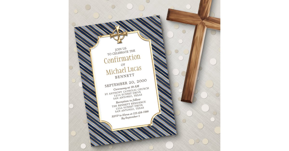 Boys' Gold Navy Stripes Confirmation Invitation | Zazzle