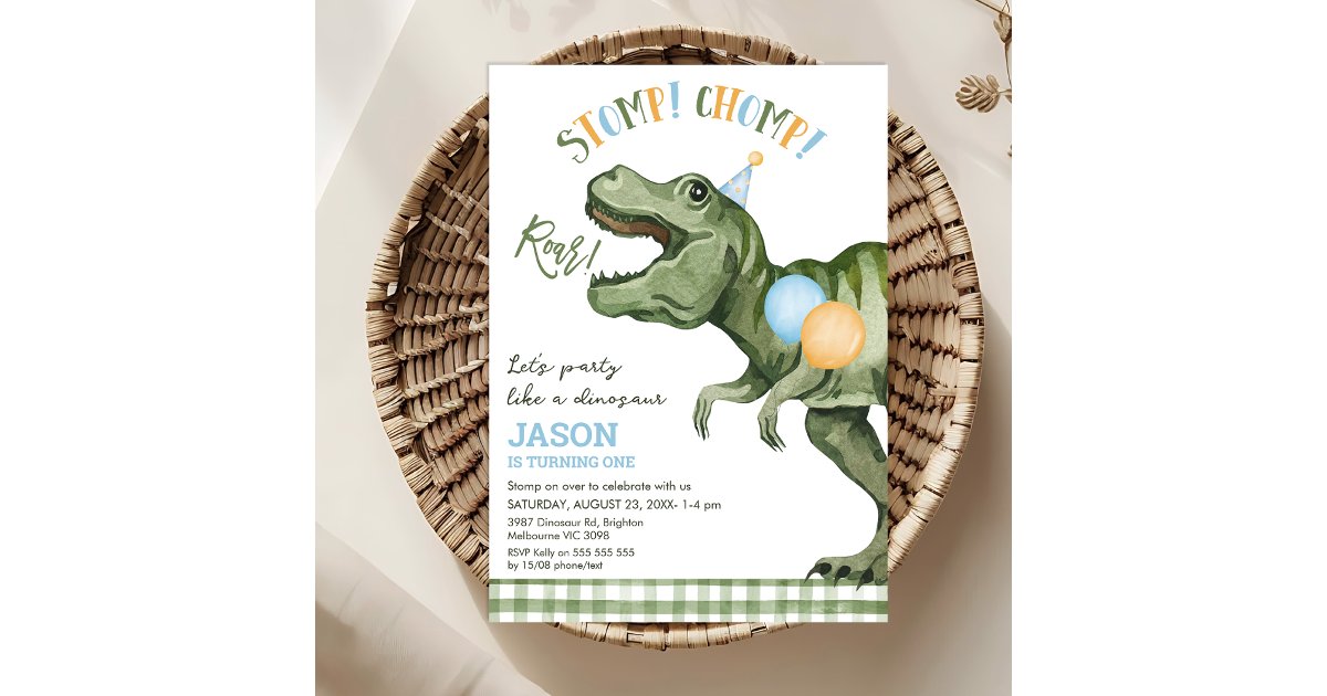 Boys Green Stomp Chomp Roar Dinosaur 1st Birthday Invitation | Zazzle