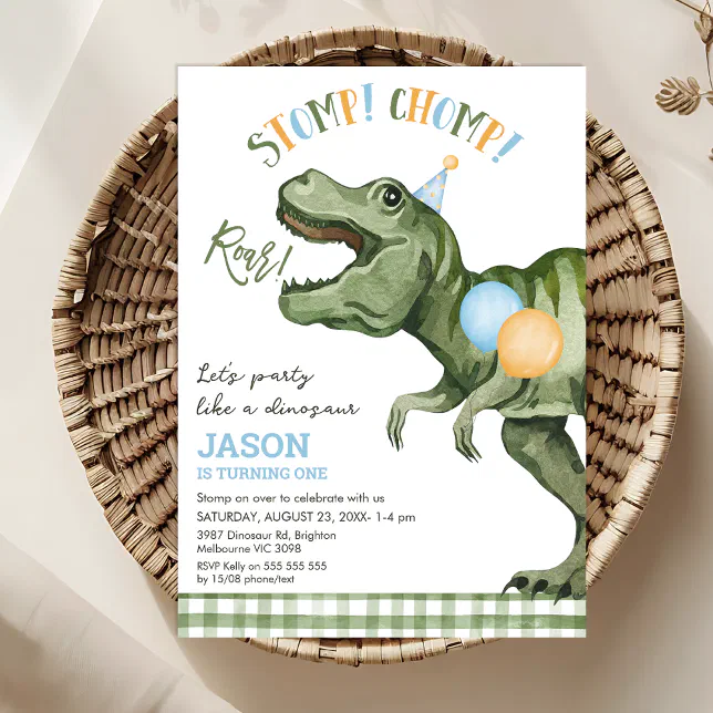 Boys Green Stomp Chomp Roar Dinosaur 1st Birthday Invitation | Zazzle