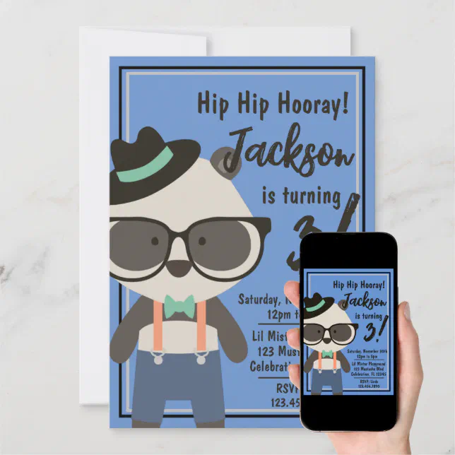 Boys Hipster Mister Panda Bear Birthday Invitation | Zazzle