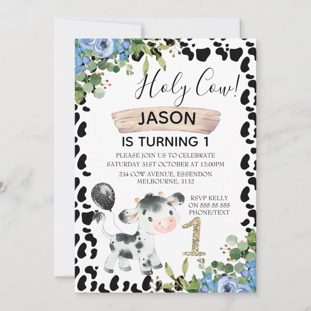 Boys Holy Cow and Cow Print 1st Birthday Invitatio Invitation | Zazzle