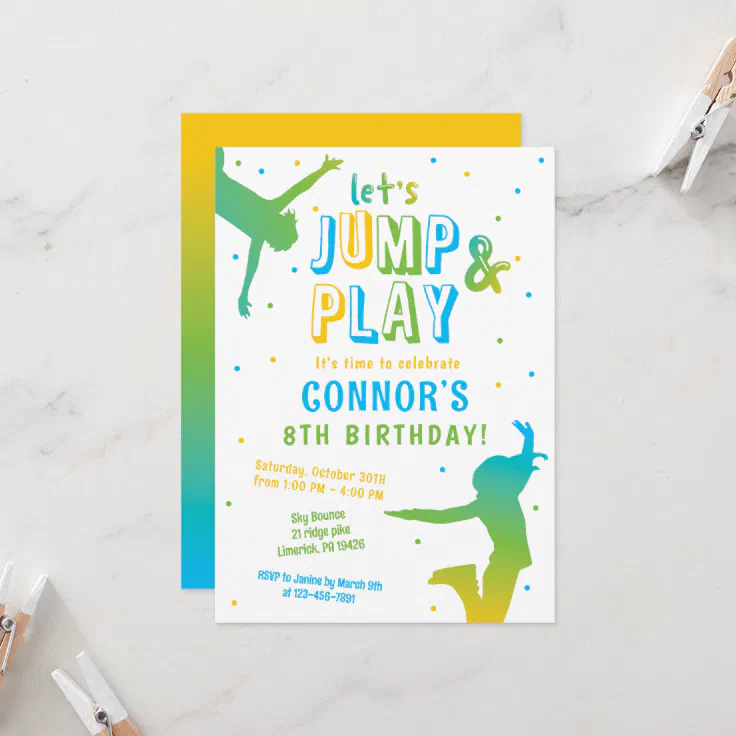 Boys Jump Birthday Party Trampoline Park Invitation | Zazzle
