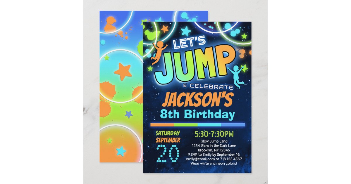 Boys Jump Party Birthday Invitation Blue Orange | Zazzle