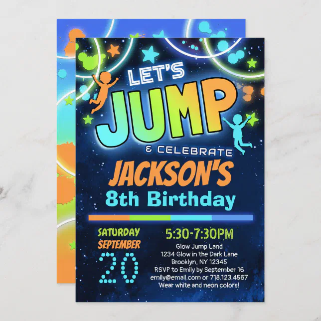 Boys Jump Party Birthday Invitation Blue Orange | Zazzle
