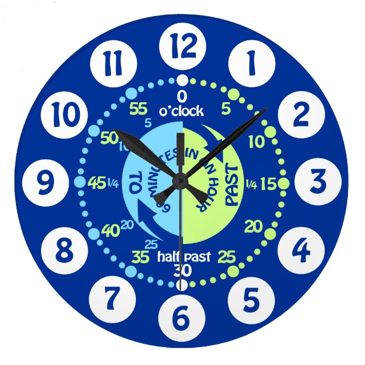 Boys learn to tell time blue green wall clock | Zazzle