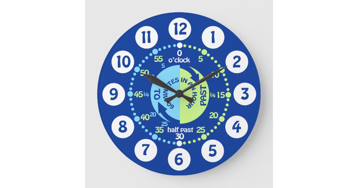Boys learn to tell time blue green wall clock | Zazzle