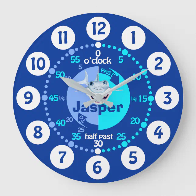 Boys learn to tell time blue named shark clock | Zazzle
