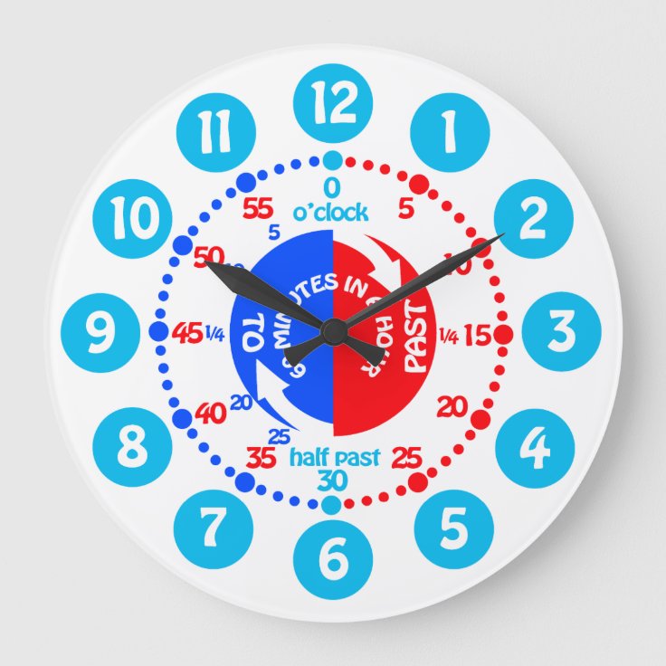 Boys learn to tell time blue red wall clock | Zazzle
