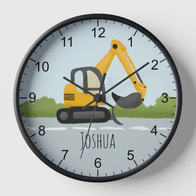 Boys Modern Blue Construction Digger Excavator Clock | Zazzle