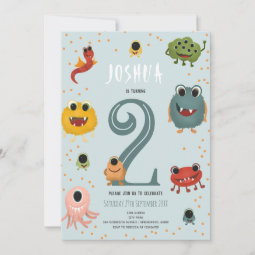 Boys Modern Blue Monster Kids 2nd Birthday Invitation | Zazzle