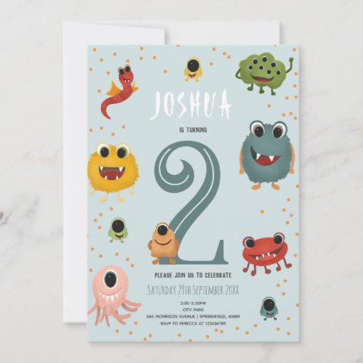 Boys Modern Blue Monster Kids 2nd Birthday Invitation | Zazzle