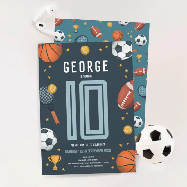 Boys Modern Blue Sports Kids Birthday Invitation | Zazzle