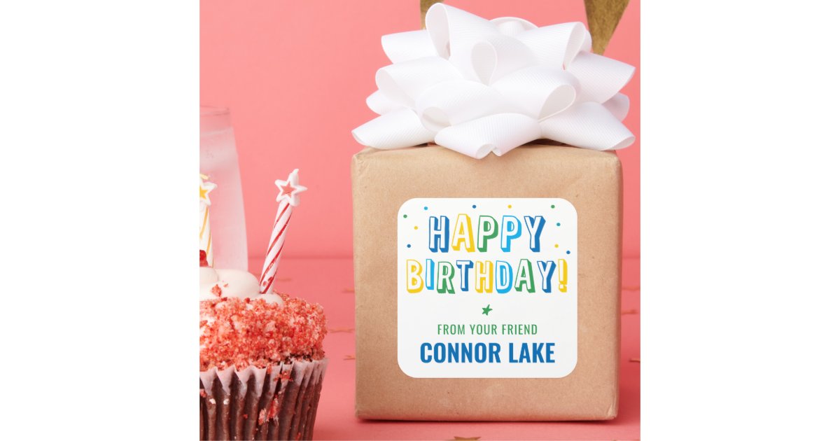 Boys Personalized Confetti Happy Birthday Square Sticker | Zazzle