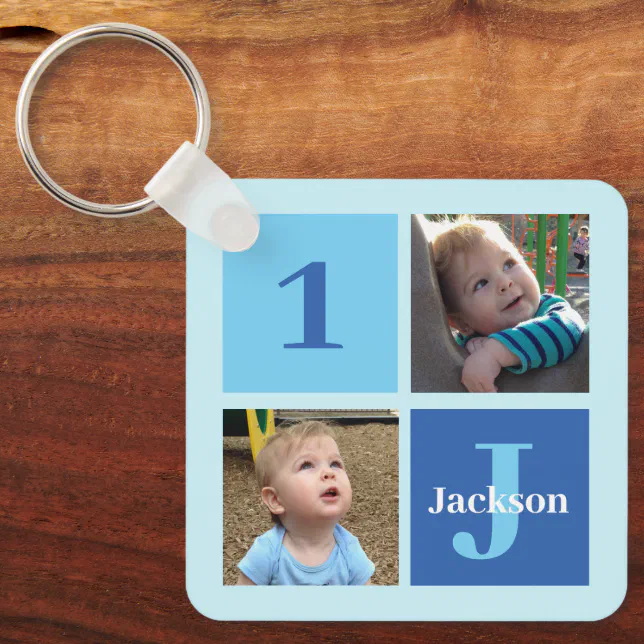 Boys Photo Collage Custom Blue Kids Photograph Keychain | Zazzle