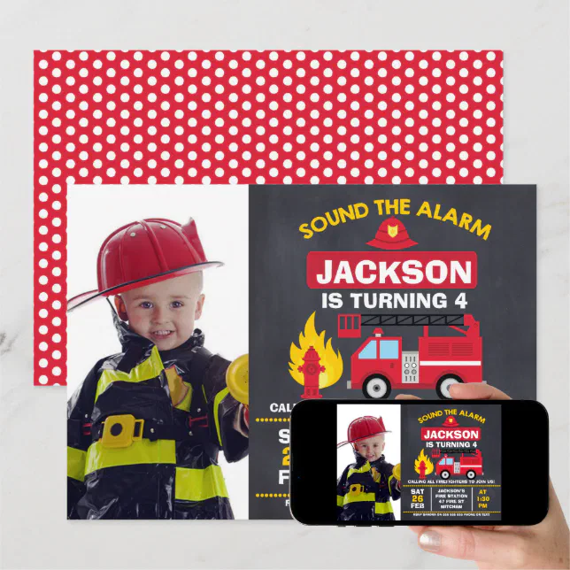 Boys Photo Fire Engine Birthday Invitation | Zazzle