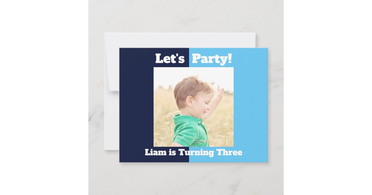 Boys Photo Kids Birthday Party Blue Color Block Invitation | Zazzle