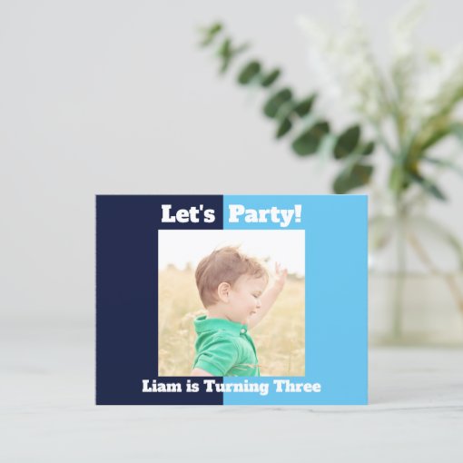 Boys Photo Kids Birthday Party Blue Color Block Invitation | Zazzle