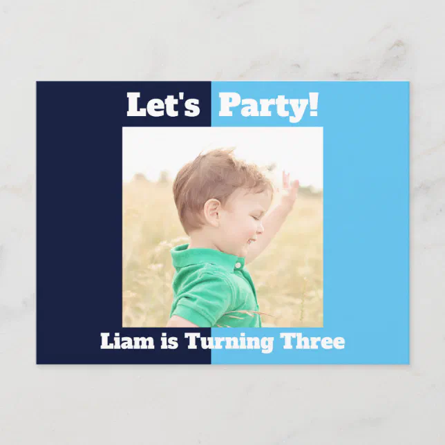Boys Photo Kids Birthday Party Blue Color Block Invitation Postcard ...