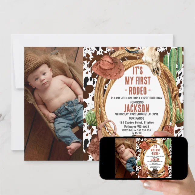 Boys Photo Rope My First Rodeo Cowboy 1st Birthday Invitation | Zazzle