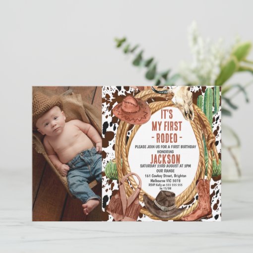 Boys Photo Rope My First Rodeo Cowboy 1st Birthday Invitation | Zazzle