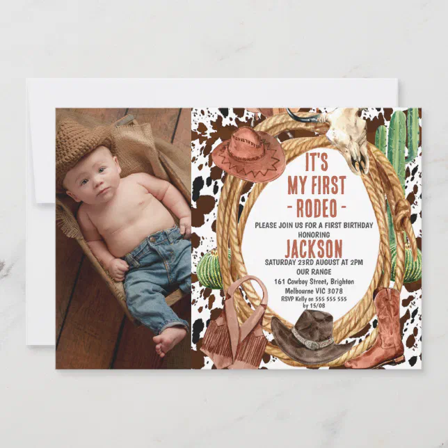 Boys Photo Rope My First Rodeo Cowboy 1st Birthday Invitation | Zazzle