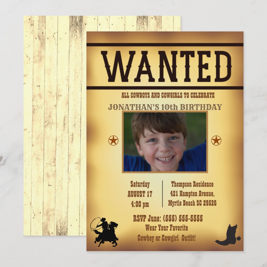 Boys Photo Rustic Brown Wanted Birthday Invitation | Zazzle