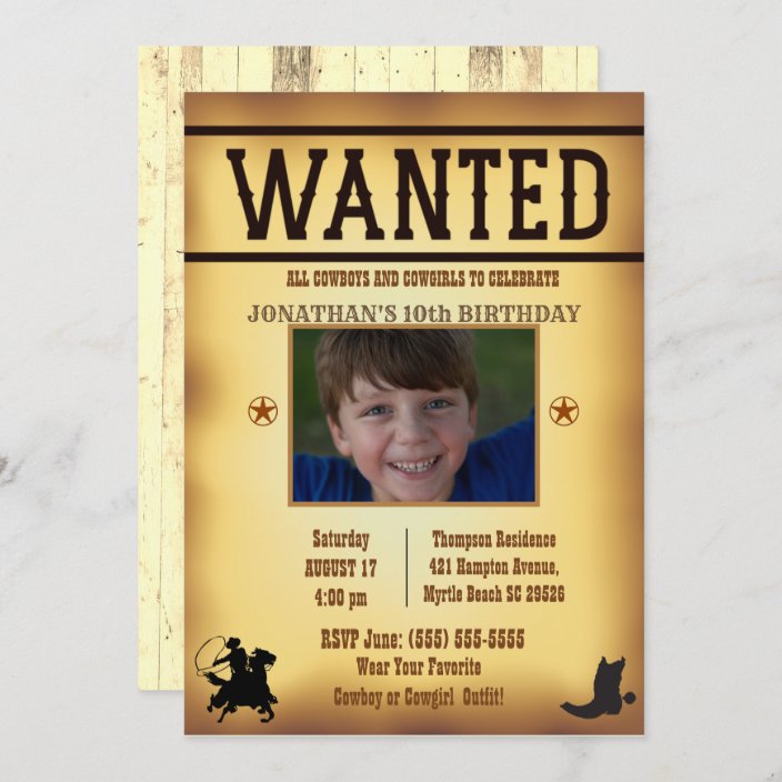 Boys Photo Rustic Brown Wanted Birthday Invitation | Zazzle