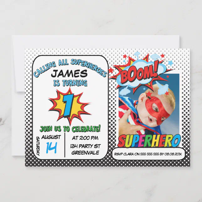 Boys Photo Superhero 1st Birthday Invitation | Zazzle