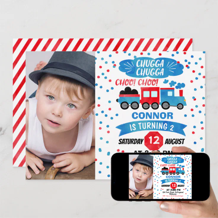 Boys Photo Watercolor Train Birthday Invitation | Zazzle