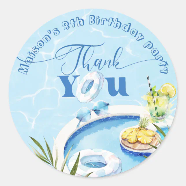 Boys pool birthday party blue swimming Thank you Classic Round Sticker ...