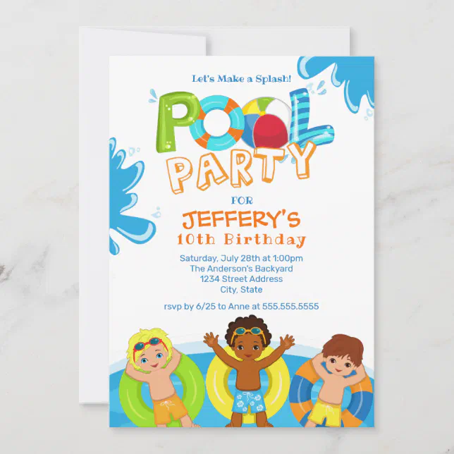Boys Pool Party 10th Birthday Invitation | Zazzle