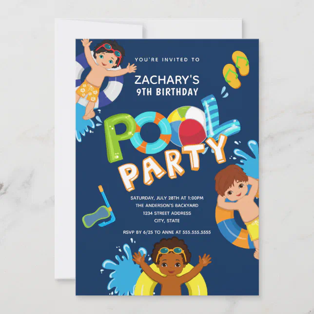 Boys Pool Party 9th Birthday Invitation | Zazzle