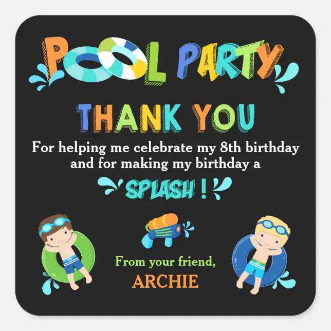 Boys Pool Party Birthday Thank You Favor Square Sticker | Zazzle