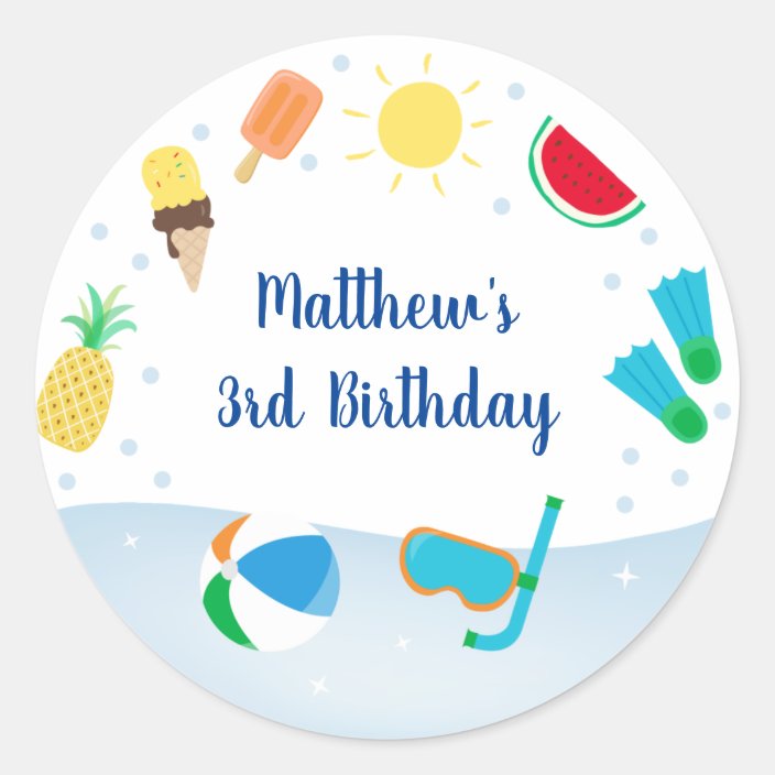 Boys Pool Party Ice Cream Birthday Classic Round Sticker | Zazzle.com