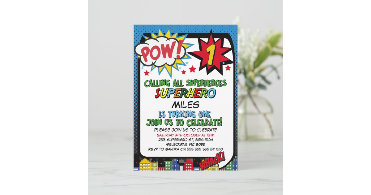 Boys Pow Blue Red Superhero 1st Birthday Invitation | Zazzle