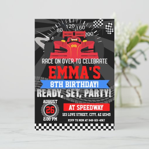 Boys Red Race car race track racing birthday Invitation | Zazzle