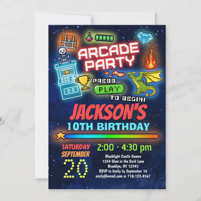 Boys Retro Arcade Birthday Party Invitation | Zazzle