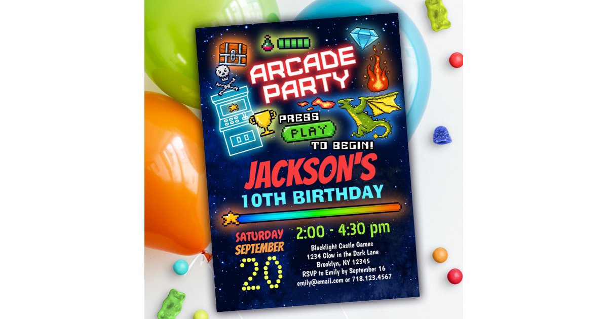 Boys Retro Arcade Birthday Party Invitation | Zazzle