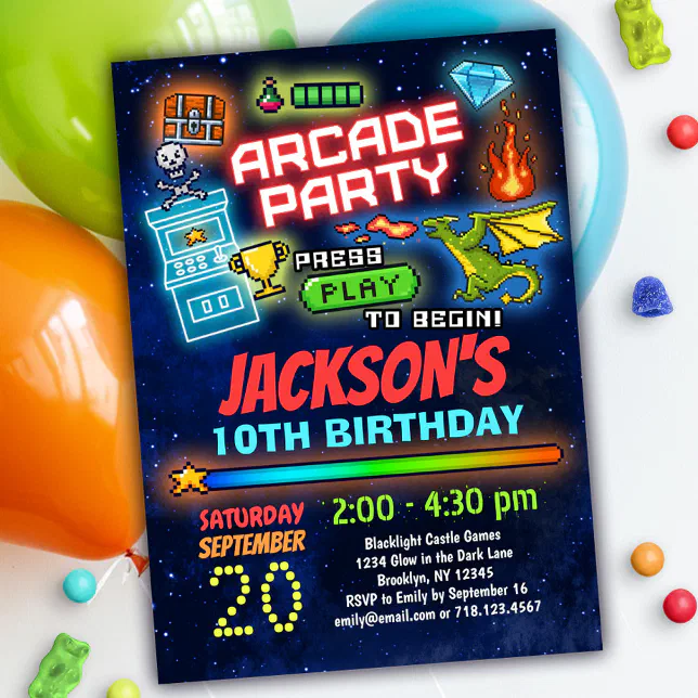 Boys Retro Arcade Birthday Party Invitation | Zazzle