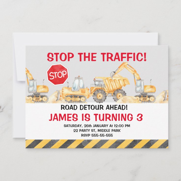Boys Road Construction Stop The traffic Birthday Invitation | Zazzle