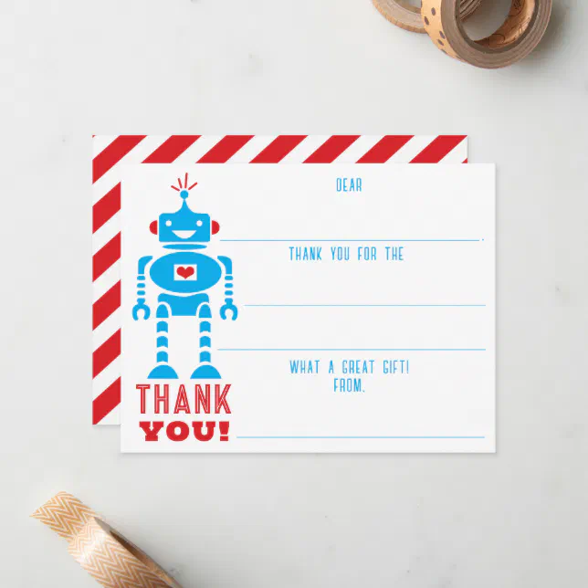 Boys Robot Fill In The Blank Thank You Note Card | Zazzle