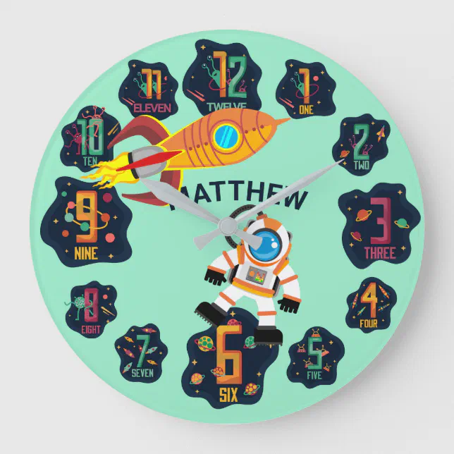 Boys Space Astronaut Rocket Planets Aliens Wall Large Clock | Zazzle