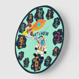 Boys Space Astronaut Rocket Planets Aliens Wall Large Clock | Zazzle