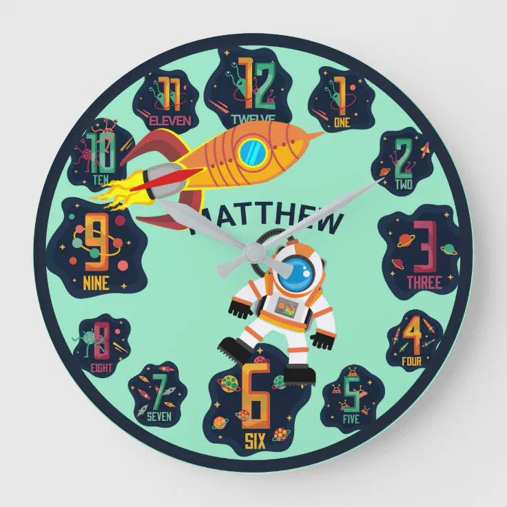 Boys Space Astronaut Rocket Planets Aliens Wall Large Clock | Zazzle