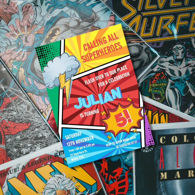 Boys Superhero Turning 5th Comic Birthday Invitation | Zazzle