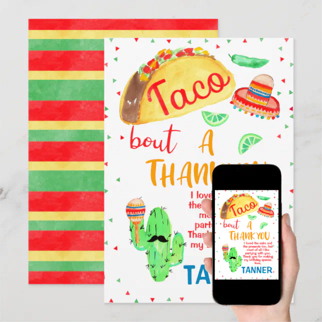 Boys Taco Fiesta Themed Birthday Thank You Card | Zazzle