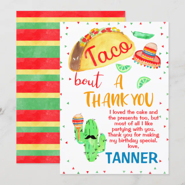 Boys Taco Fiesta Themed Birthday Thank You Card | Zazzle