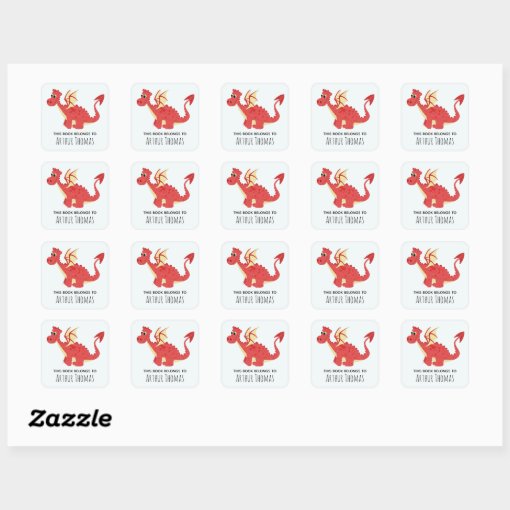 Boys 'This Book Belongs' Welsh Dragon & Name Kids Square Sticker | Zazzle